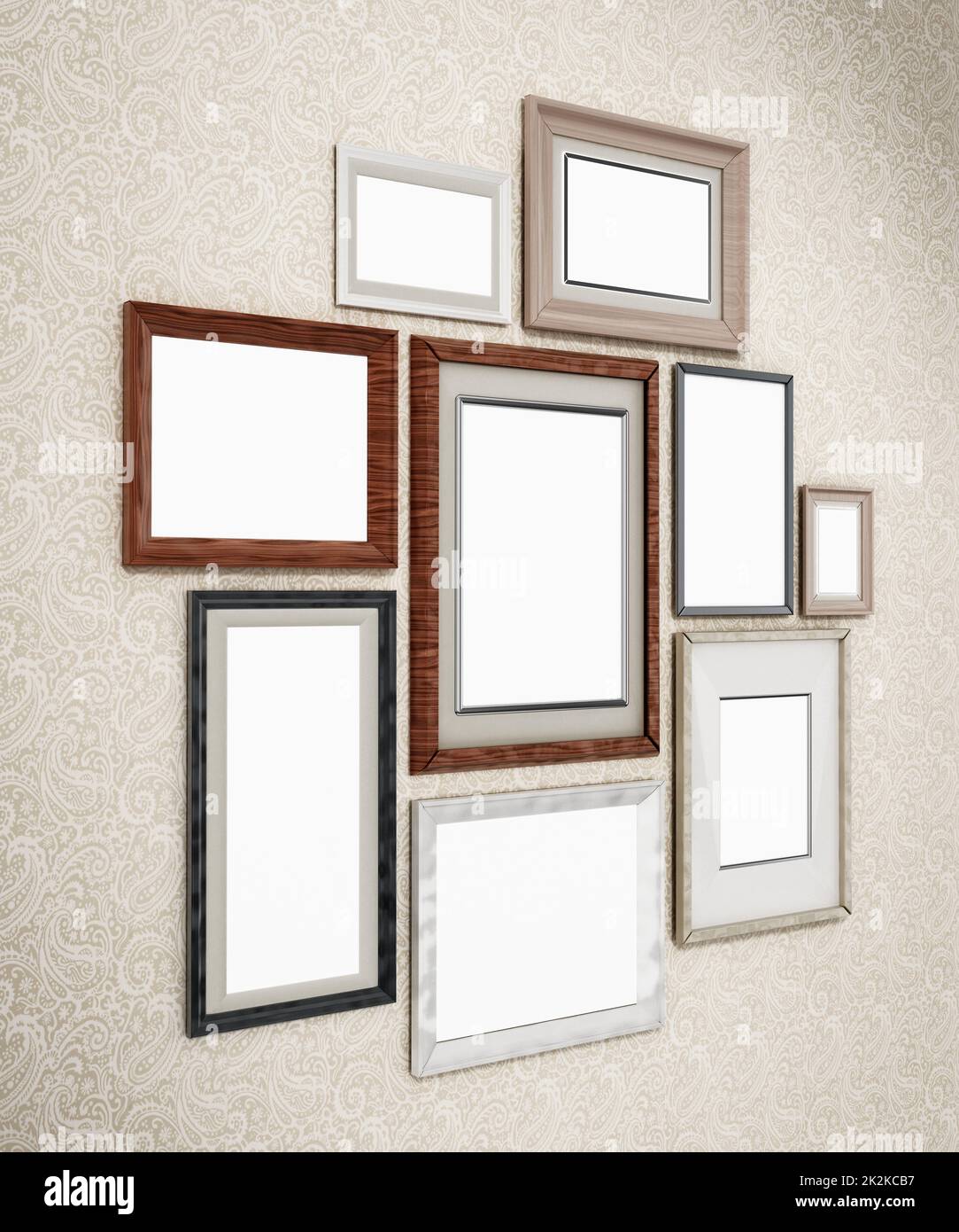 Picture frames arranged on the wall. 3D dimensional Stock Photo - Alamy