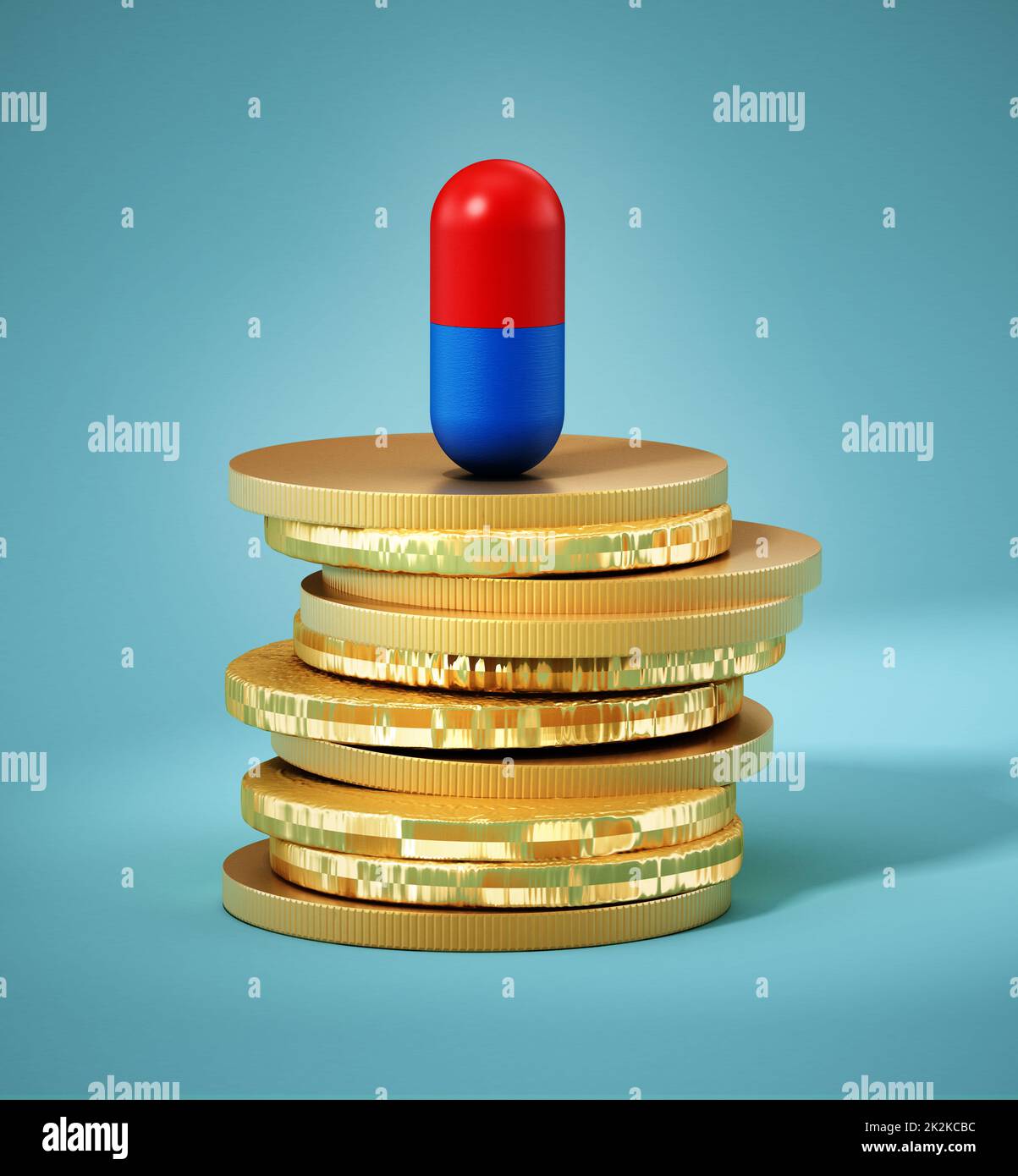 Pill standing on generic coin pile. 3D illustration Stock Photo - Alamy