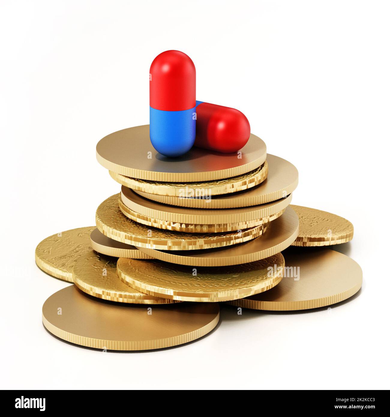 Pill standing on generic coin pile. 3D illustration Stock Photo - Alamy