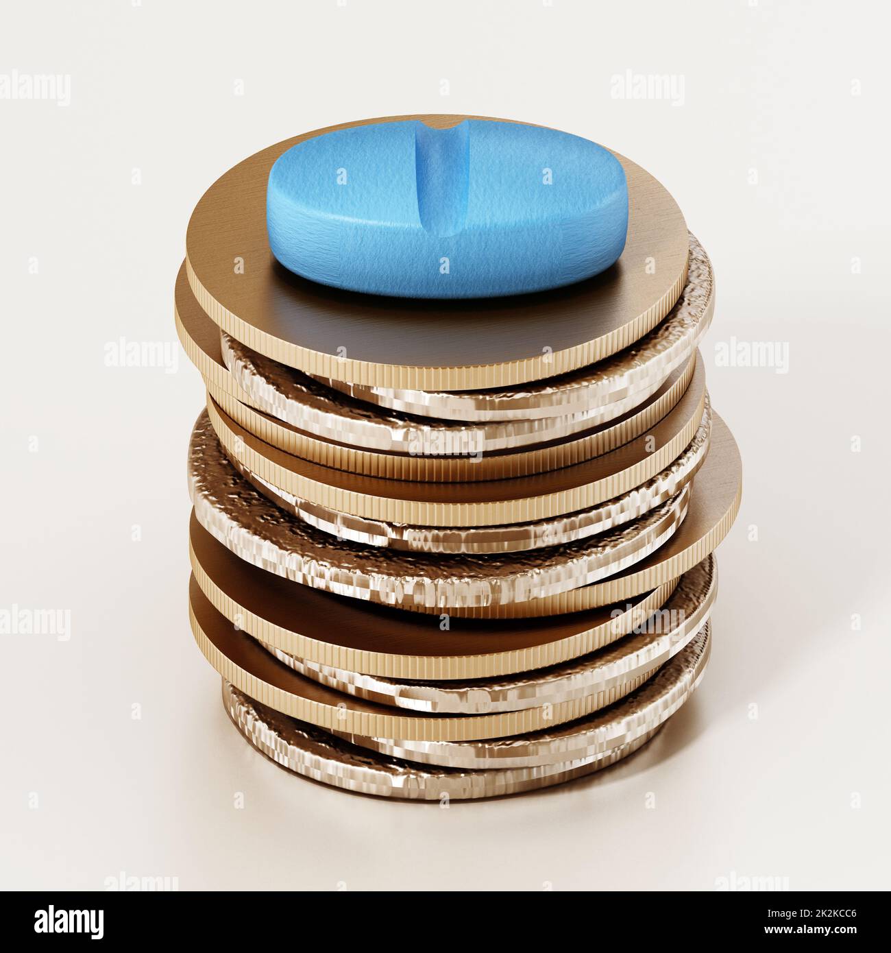 Pill standing on generic coin pile. 3D illustration Stock Photo - Alamy