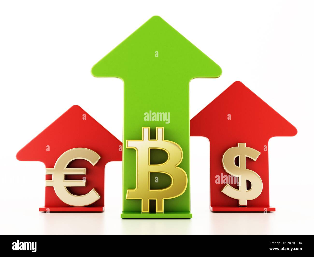 Bitcoin, dollar and euro symbols and rising arrows isolated on white ...