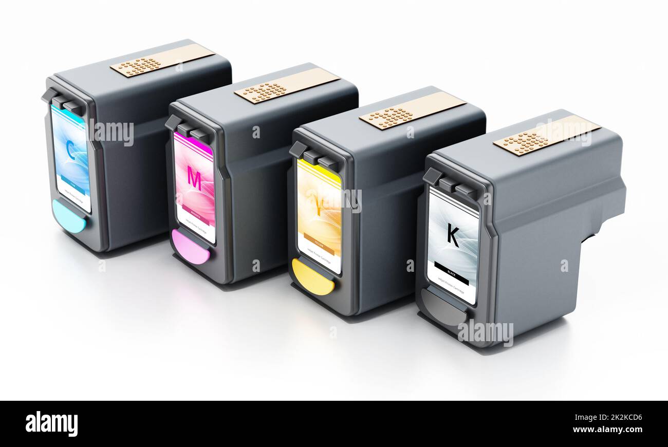 Generic inkjet printer CMYK cartridges isolated on white background. 3D ...