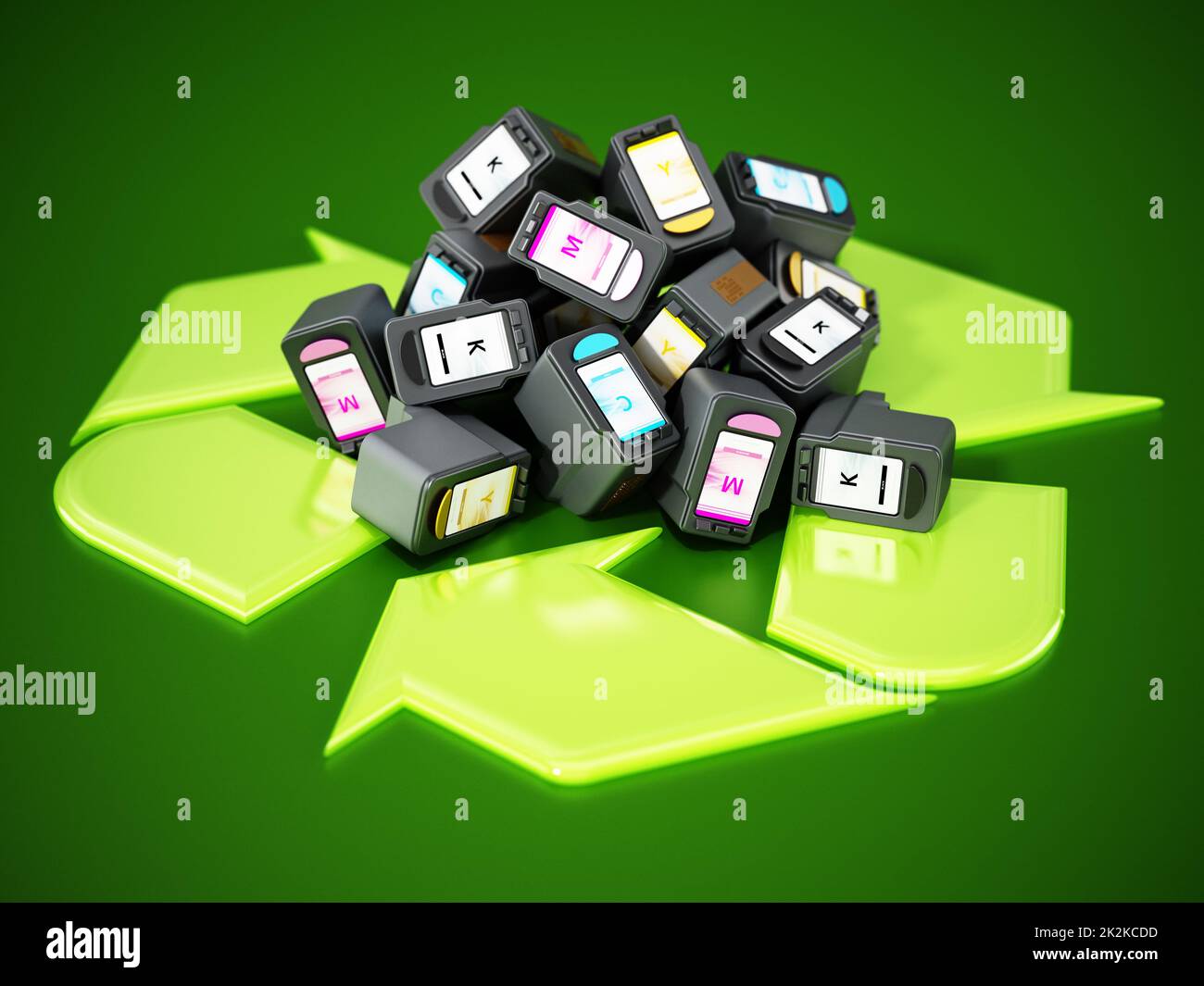 Used inkjet printer cartridges on recycle symbol. 3D illustration Stock ...
