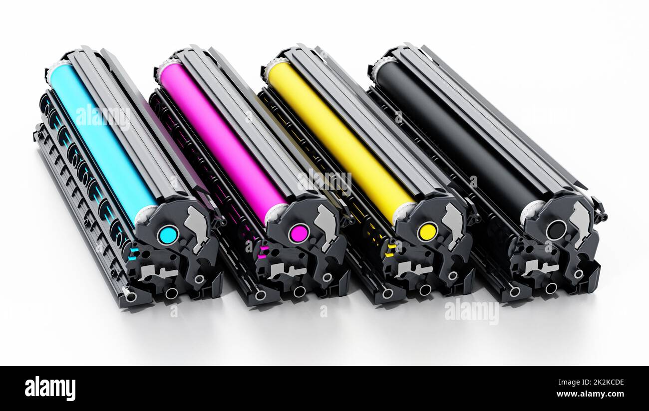 Stack of laser printer CMYK toners. 3D illustration Stock Photo - Alamy