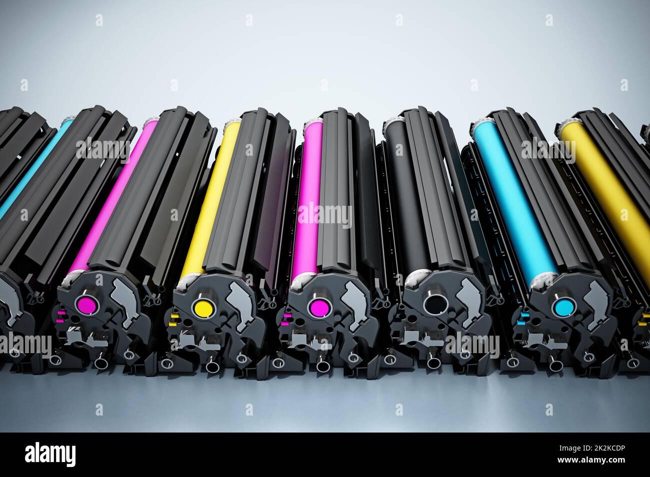 Stack of laser printer CMYK toners. 3D illustration Stock Photo - Alamy
