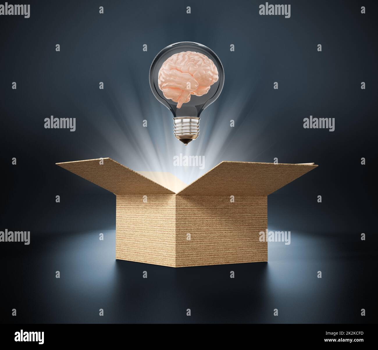 Brain in lightbulb coming out of the box. 3D illustration Stock Photo ...