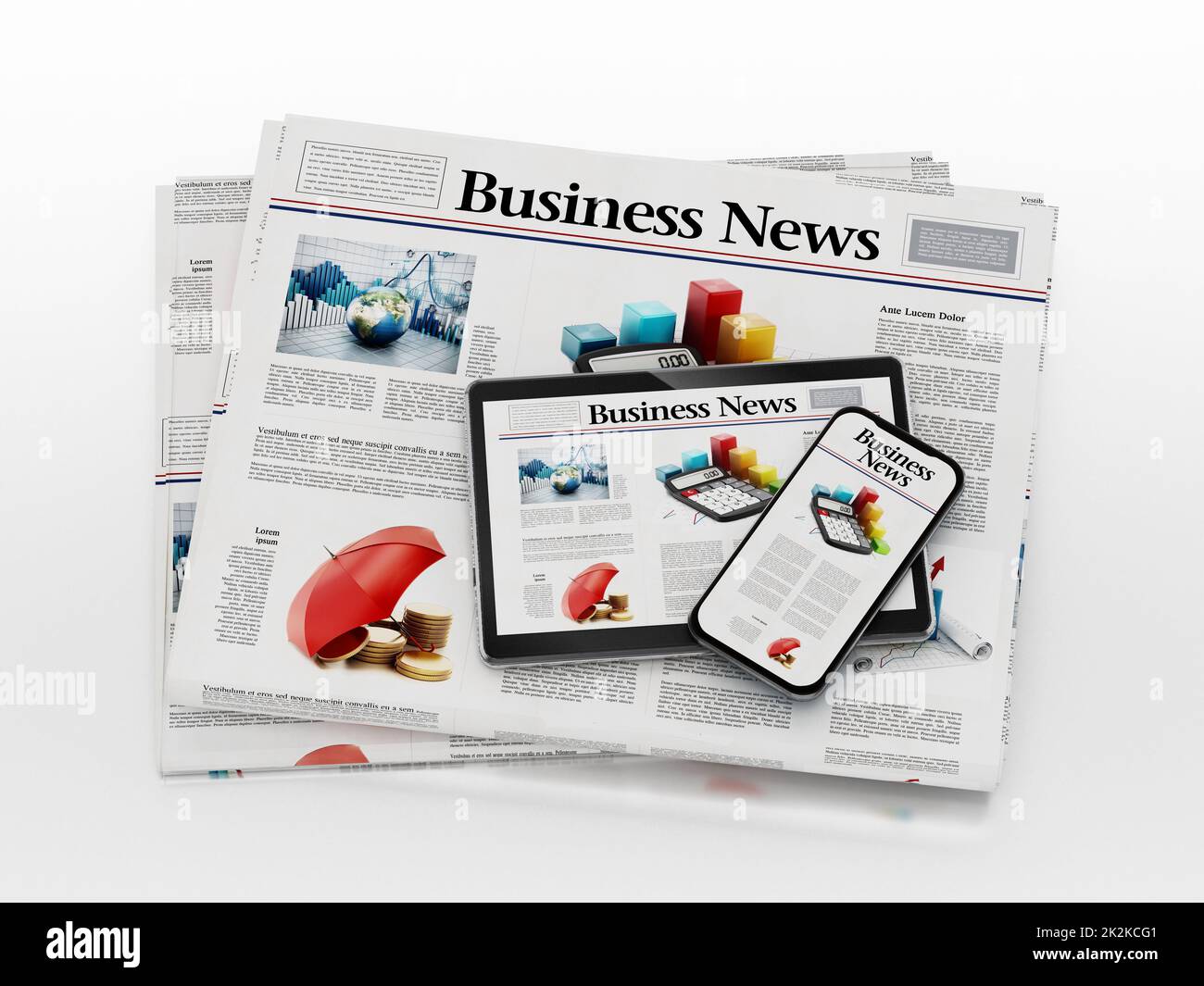 Business newspaper, smartphone and tablet PC. 3D illustration Stock ...