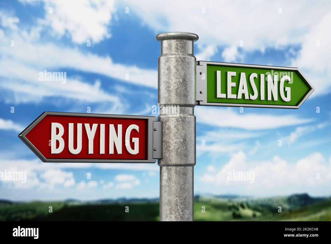 Signpost with buying and leasing arrows against the blue sky. 3D ...