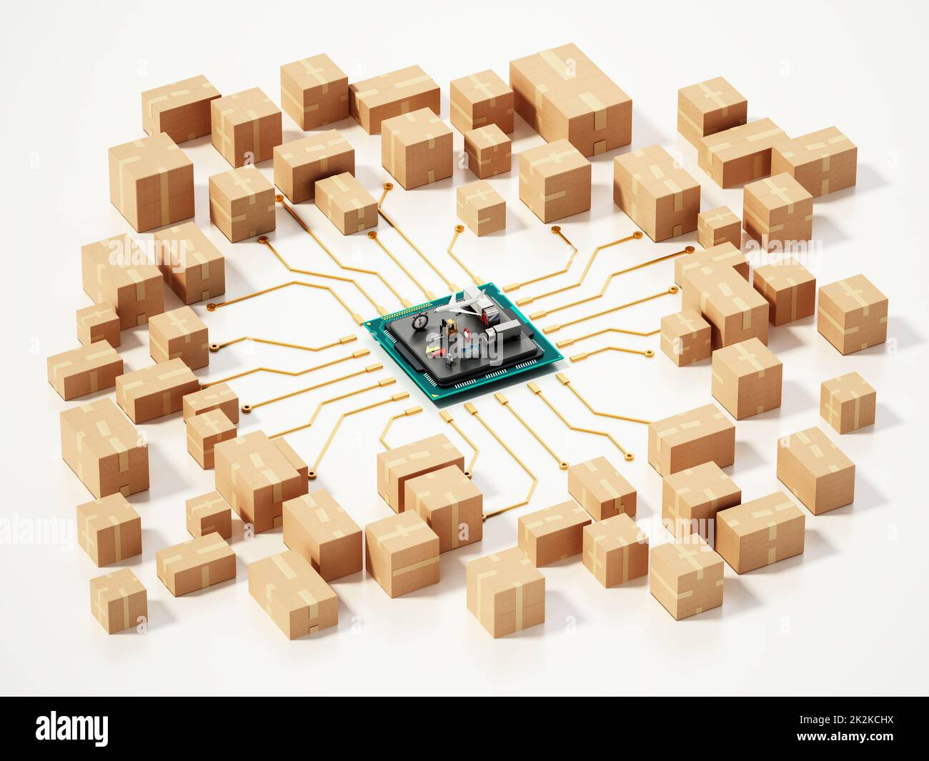 Large group of cardboard boxes connected to microchip. 3D illustration ...