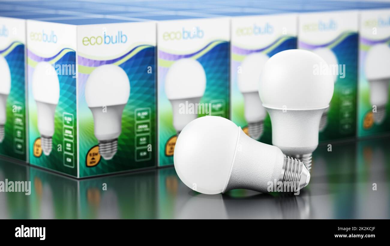 LED lightbulbs and generic package design on black background. 3D ...