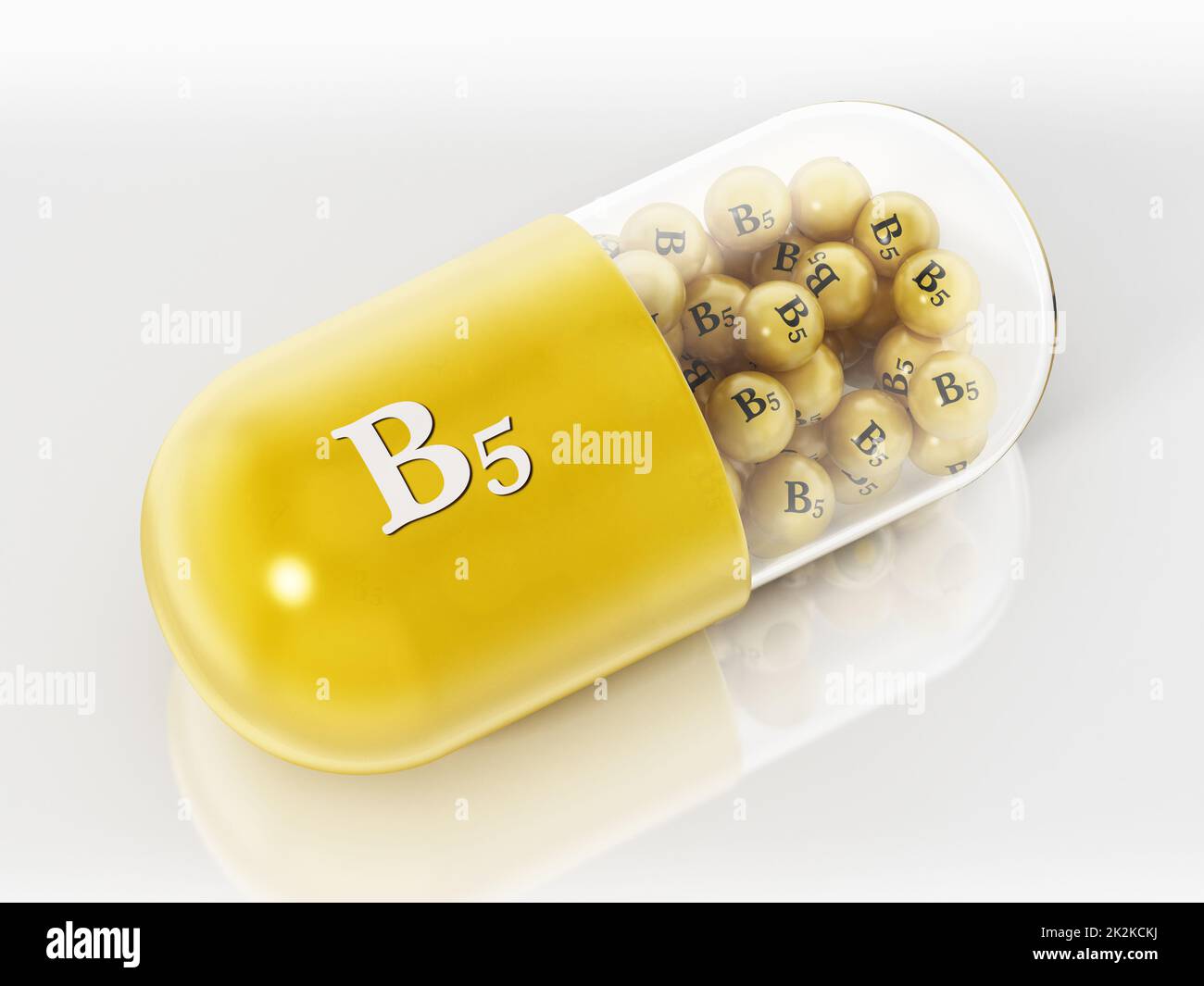 Vitamin B5 pill with small spheres isolated on white background. 3D ...