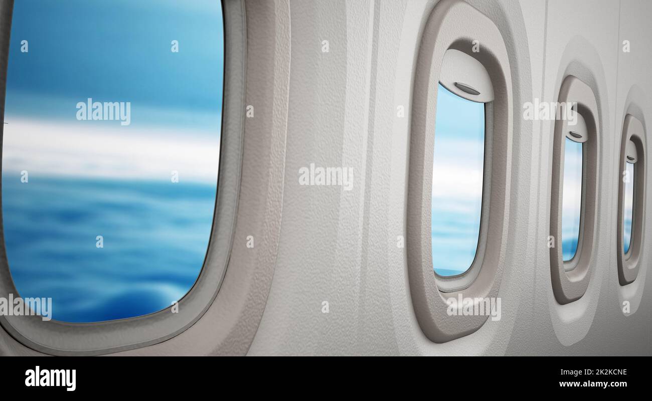 Airplane windows looking through the clouds. 3D illustration Stock ...