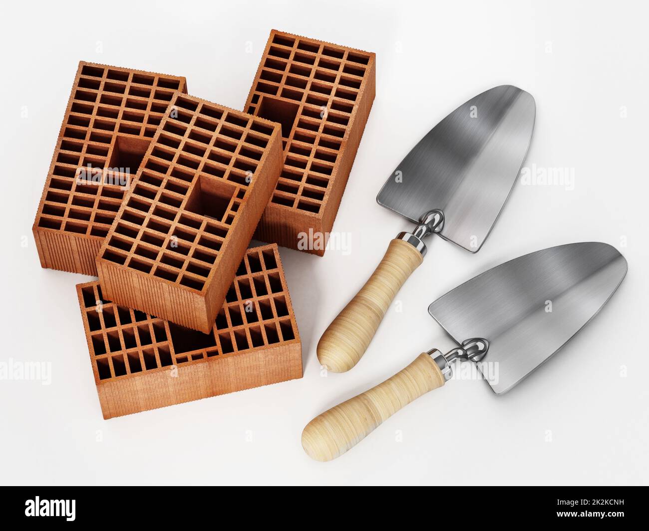 Construction trowel and bricks isolated on white background. 3D ...