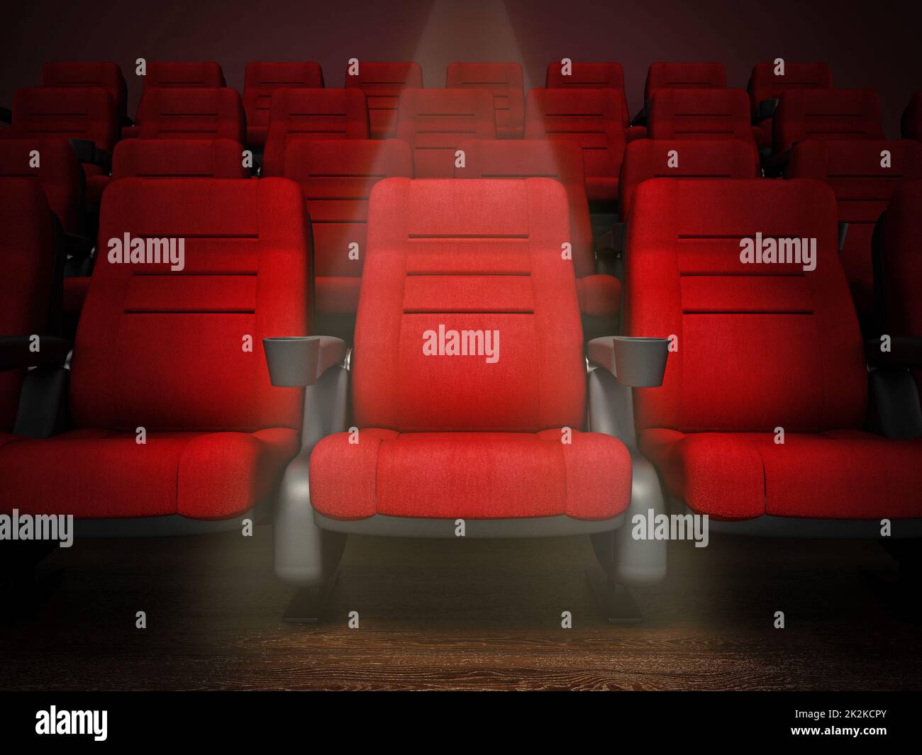 Spotlit red cinema chair in the first row. 3D illustration Stock Photo ...