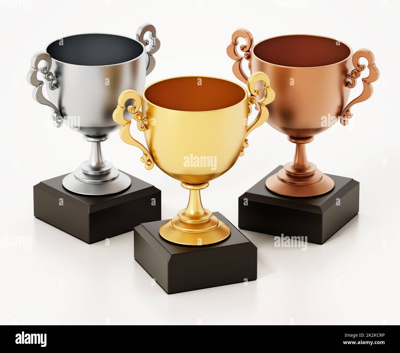 Gold, silver and bronze cups isolated on white background. 3D ...