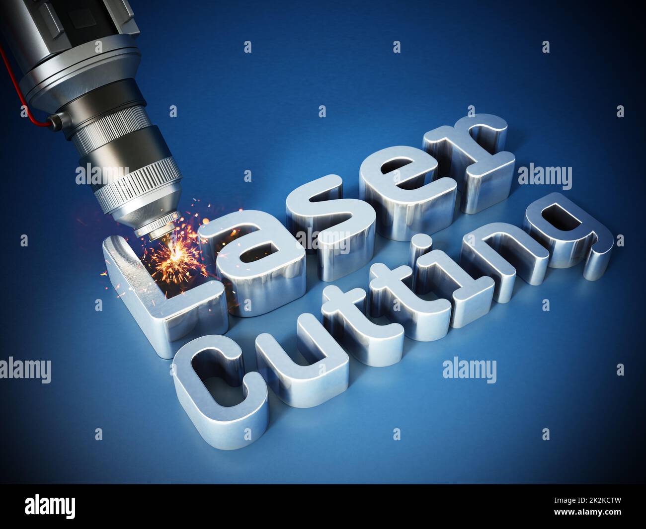 Laser cutter with sparks on laser cutting text. 3D illustration Stock ...