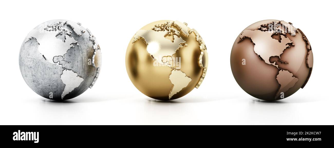 Silver, gold and bronze globes isolated on white background. 3D ...