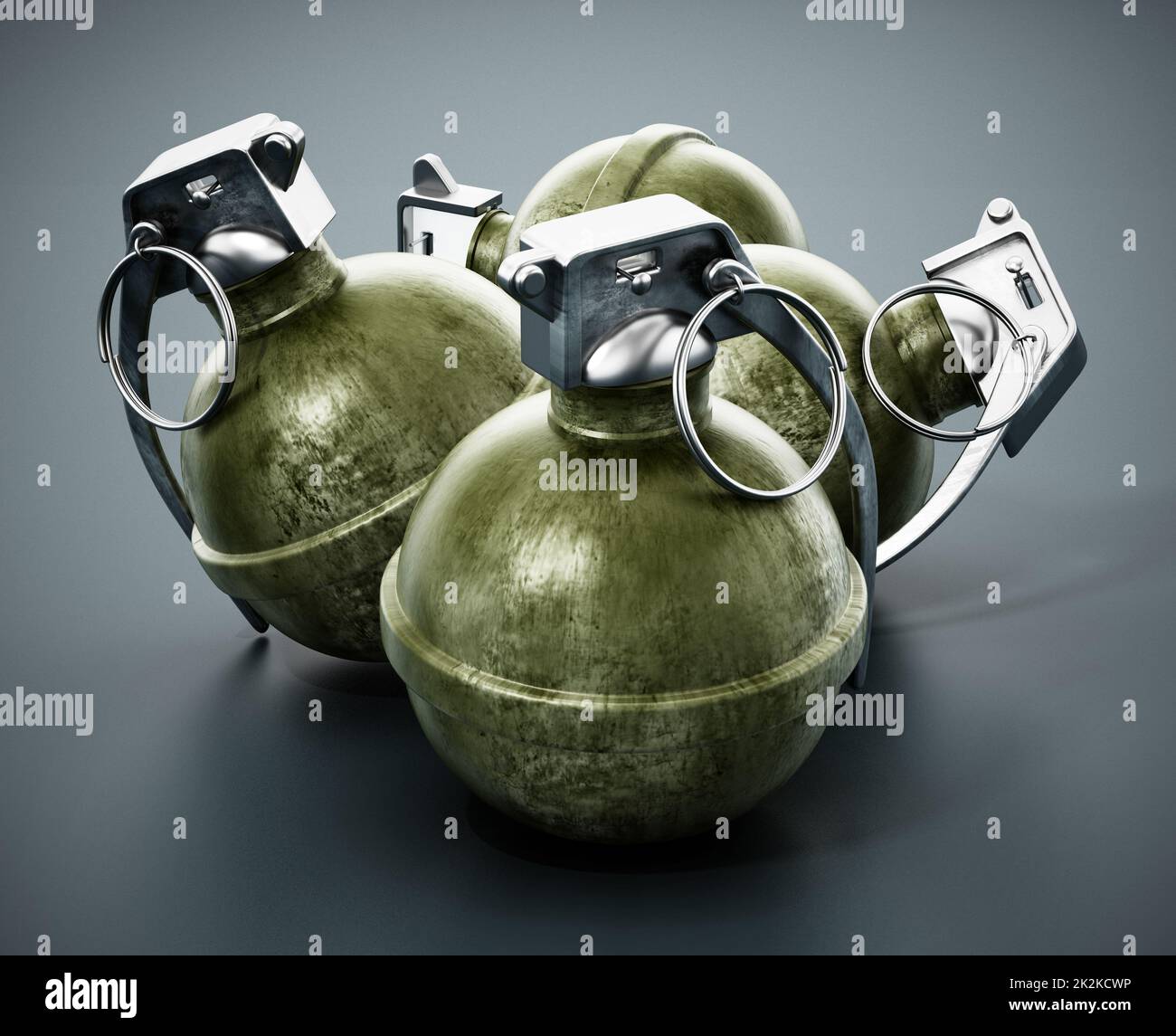 Hand grenades standing on dark background. 3D illustration Stock Photo ...