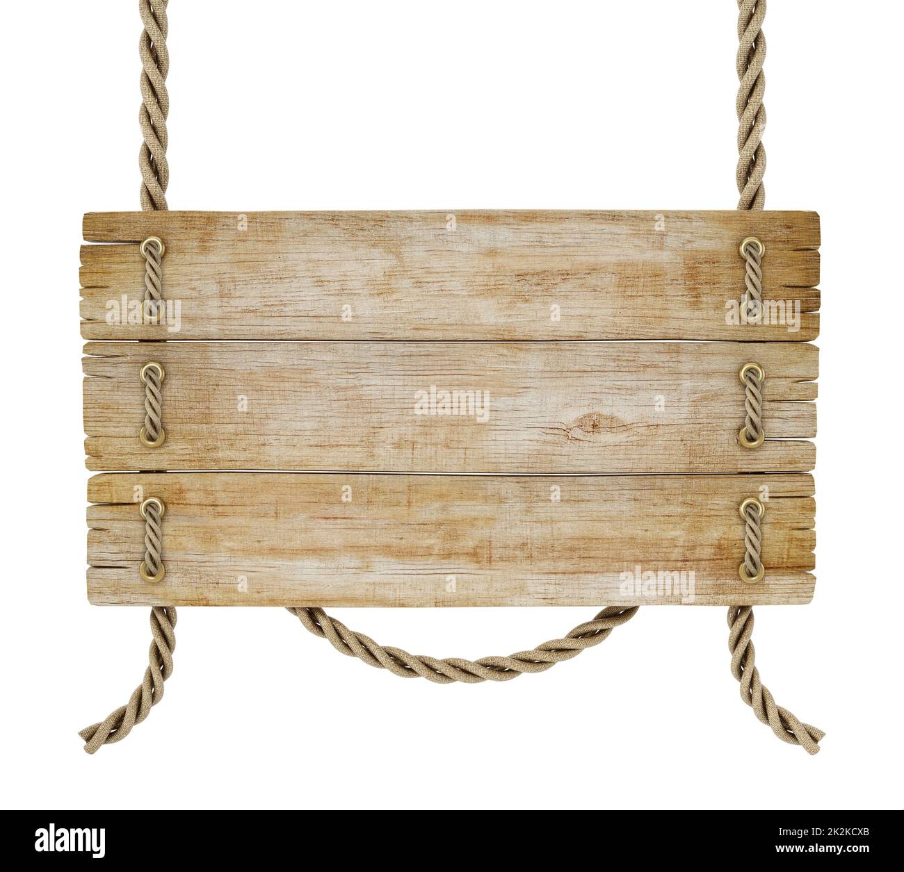 Old wooden plank tied with rope isolated on white background. 3D ...