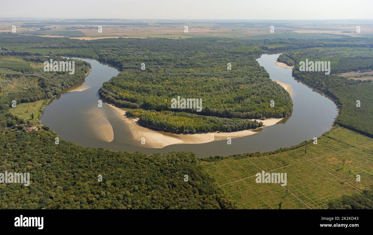 Aerial photo taken on July 22, 2022 shows Drava river in village ...