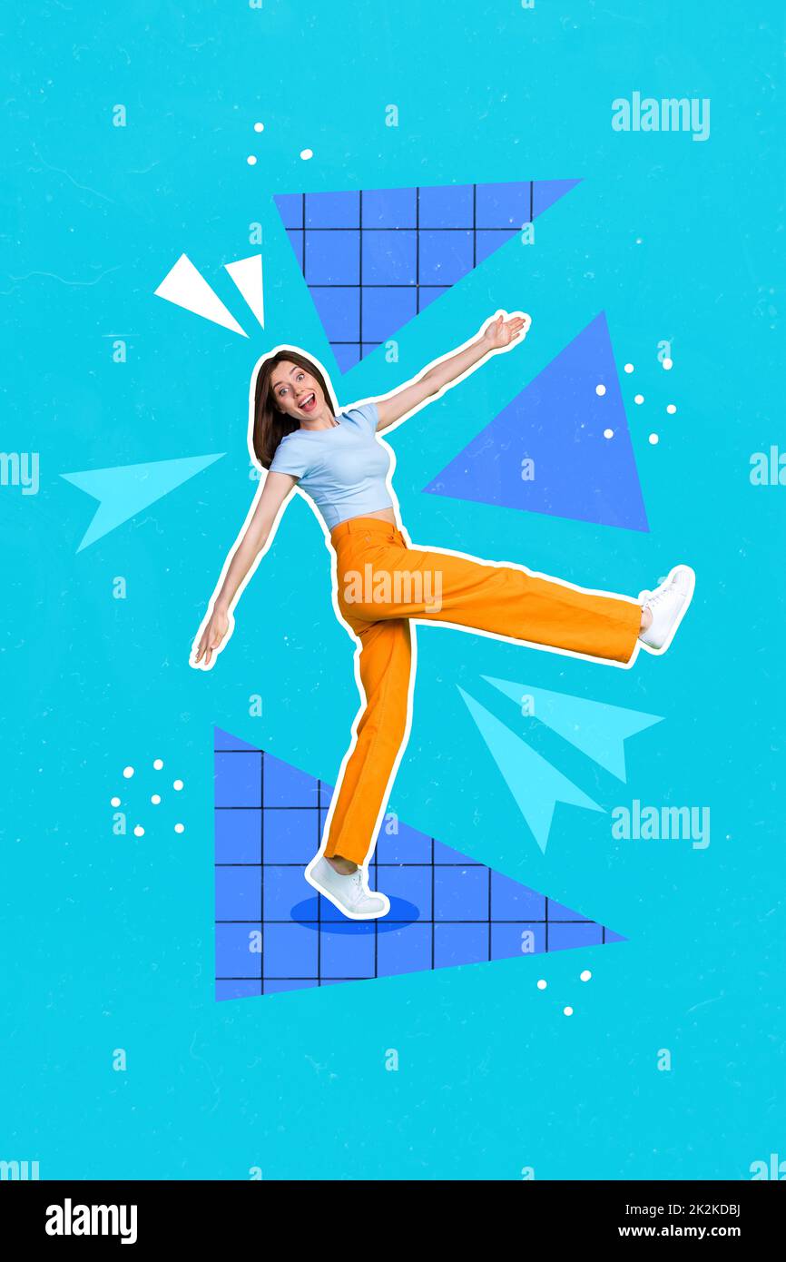 Vertical collage image of excited positive girl walk have good mood ...