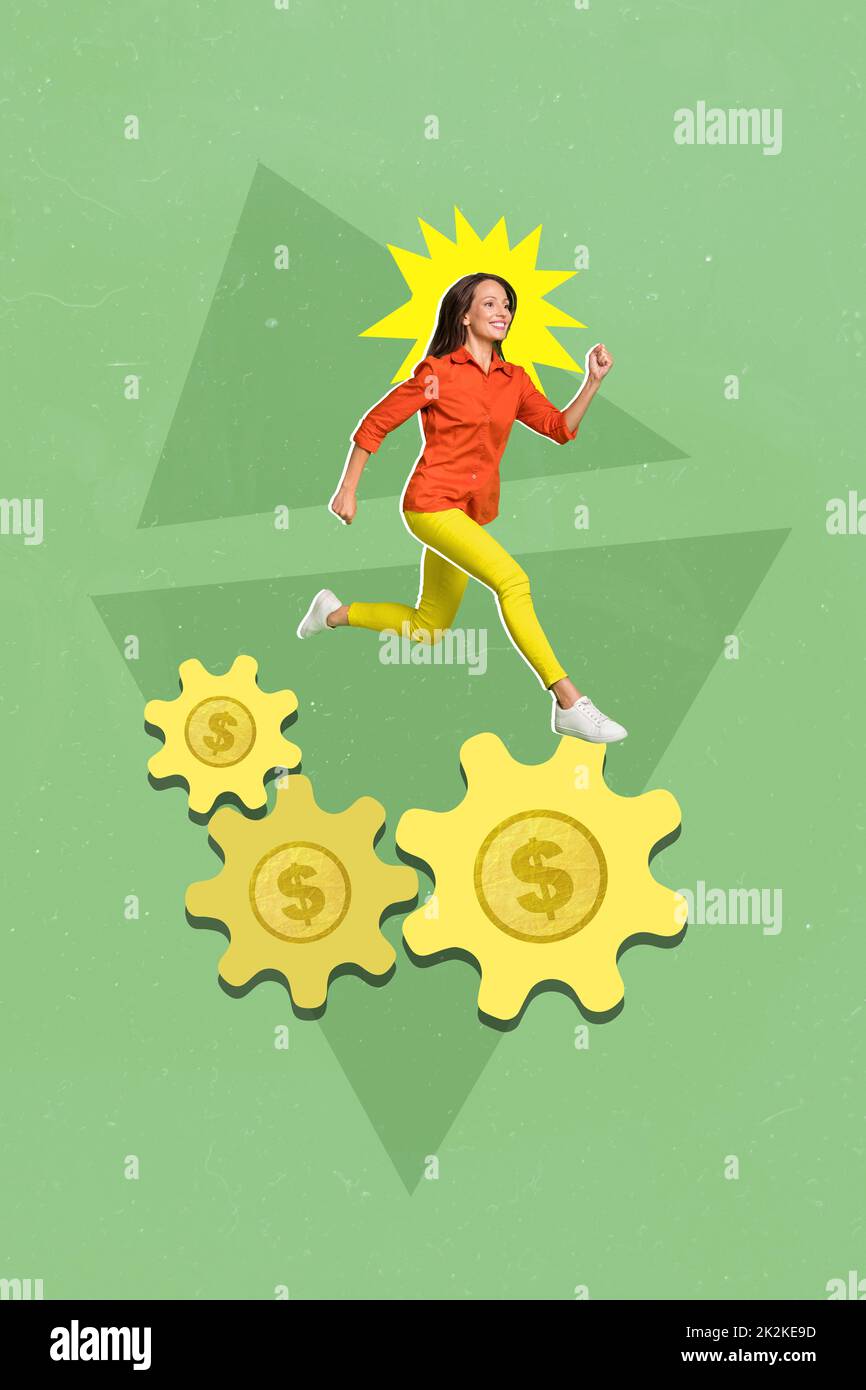 Collage photo of young funny attractive woman runner hurry business ...