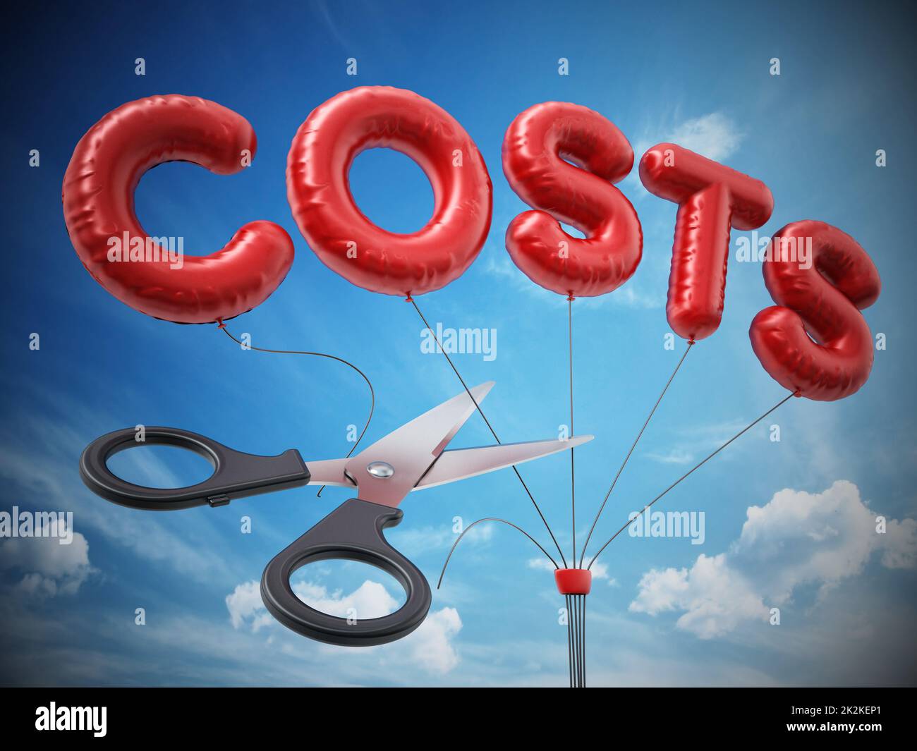 Scissors cut letter shaped balloons form the word cost. 3D illustration ...