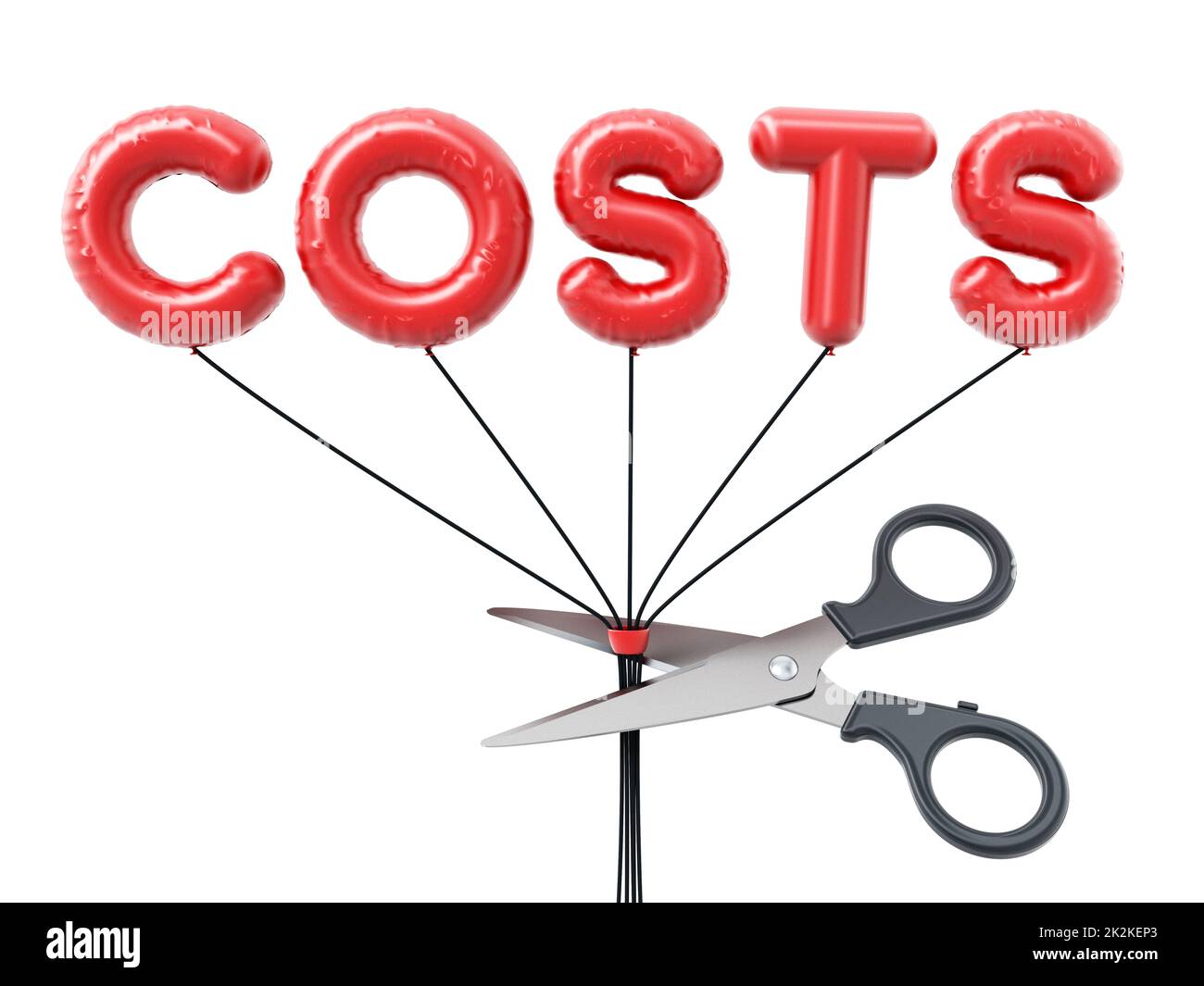Scissors cut letter shaped balloons form the word cost. 3D illustration ...