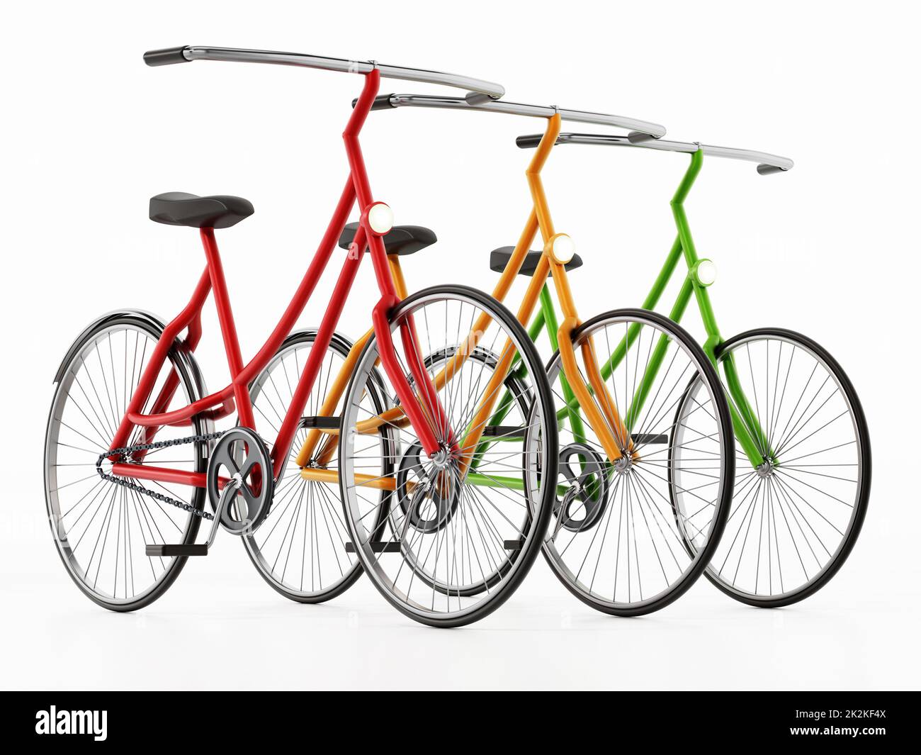 Red, yellow and green bicycles isolated on white background. 3D ...
