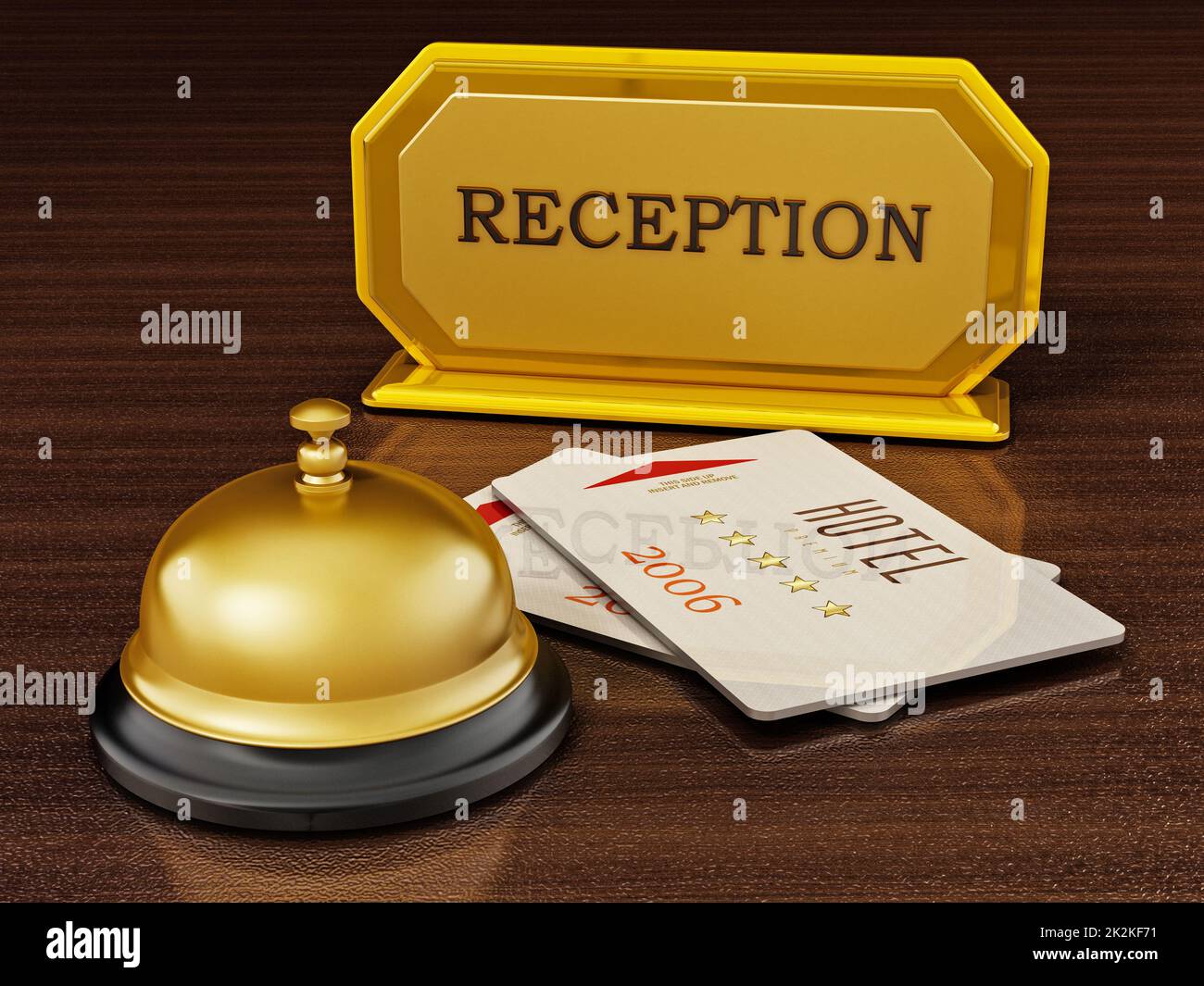 Hotel key card, bell and reception sign on hotel front desk. 3D ...