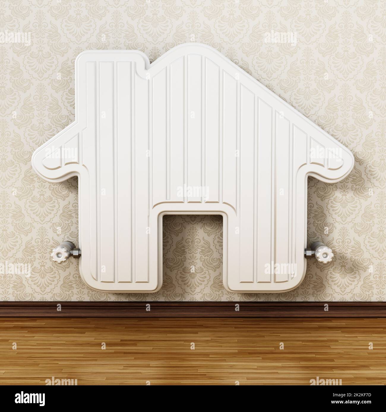 House shaped radiator hanging on the wall. 3D illustration Stock Photo ...