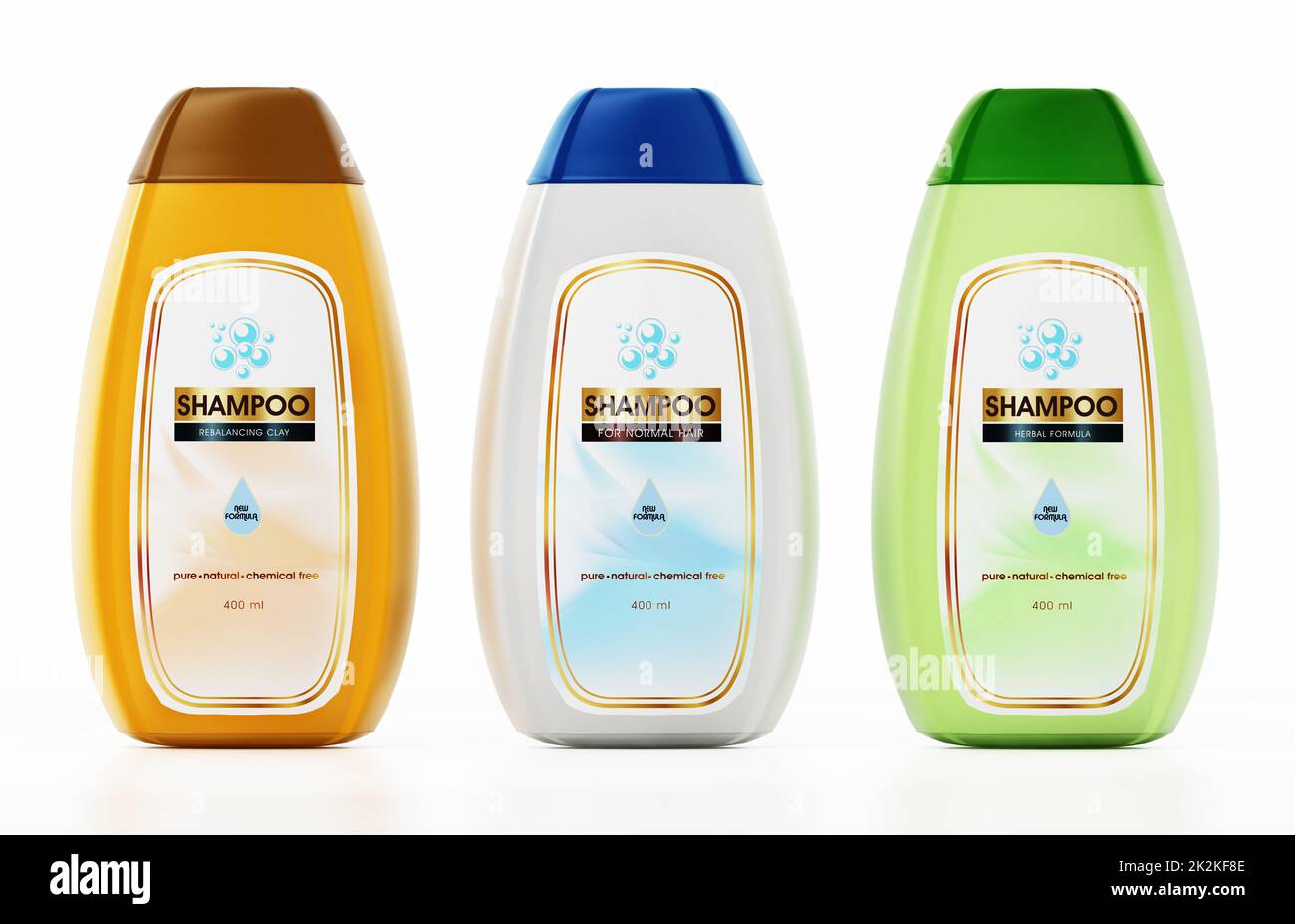 Generic shampoo bottle and label designs isolated on white background ...