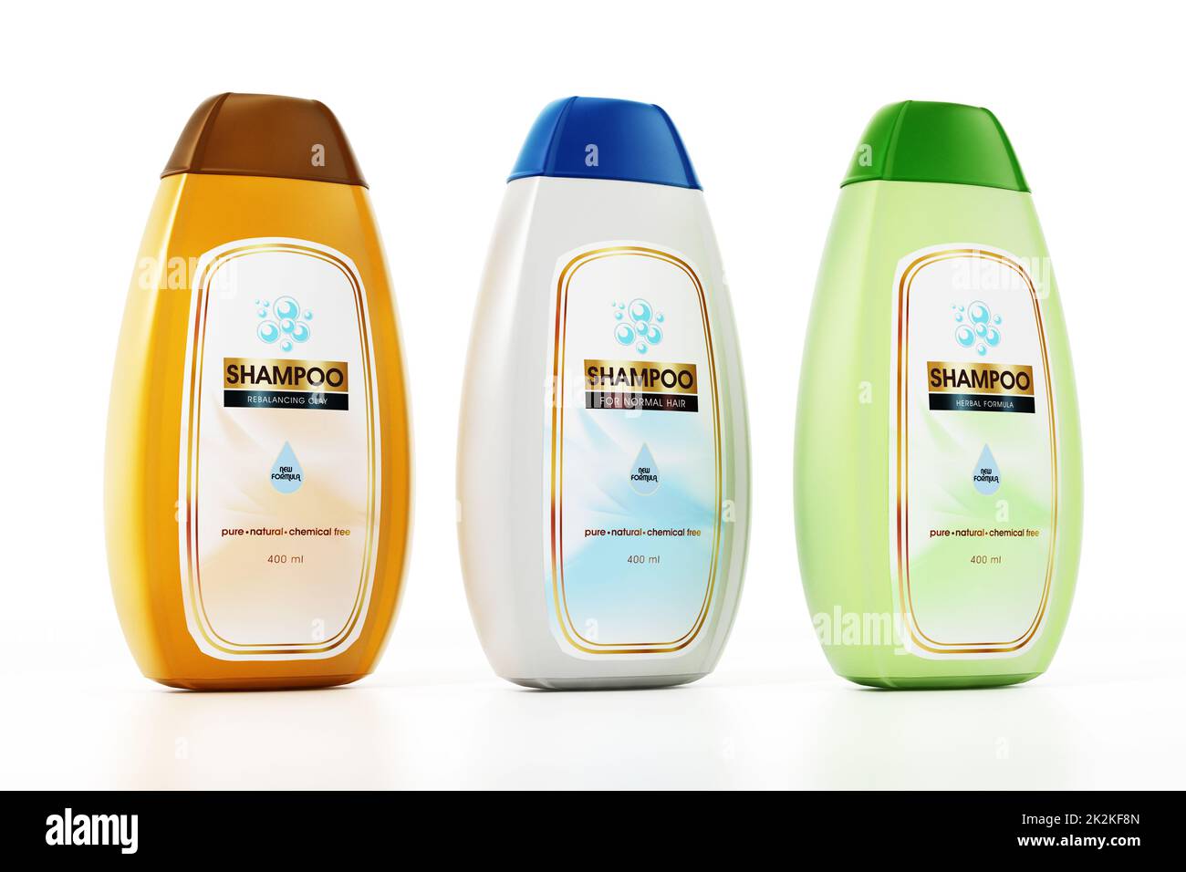 Generic shampoo bottle and label designs isolated on white background ...