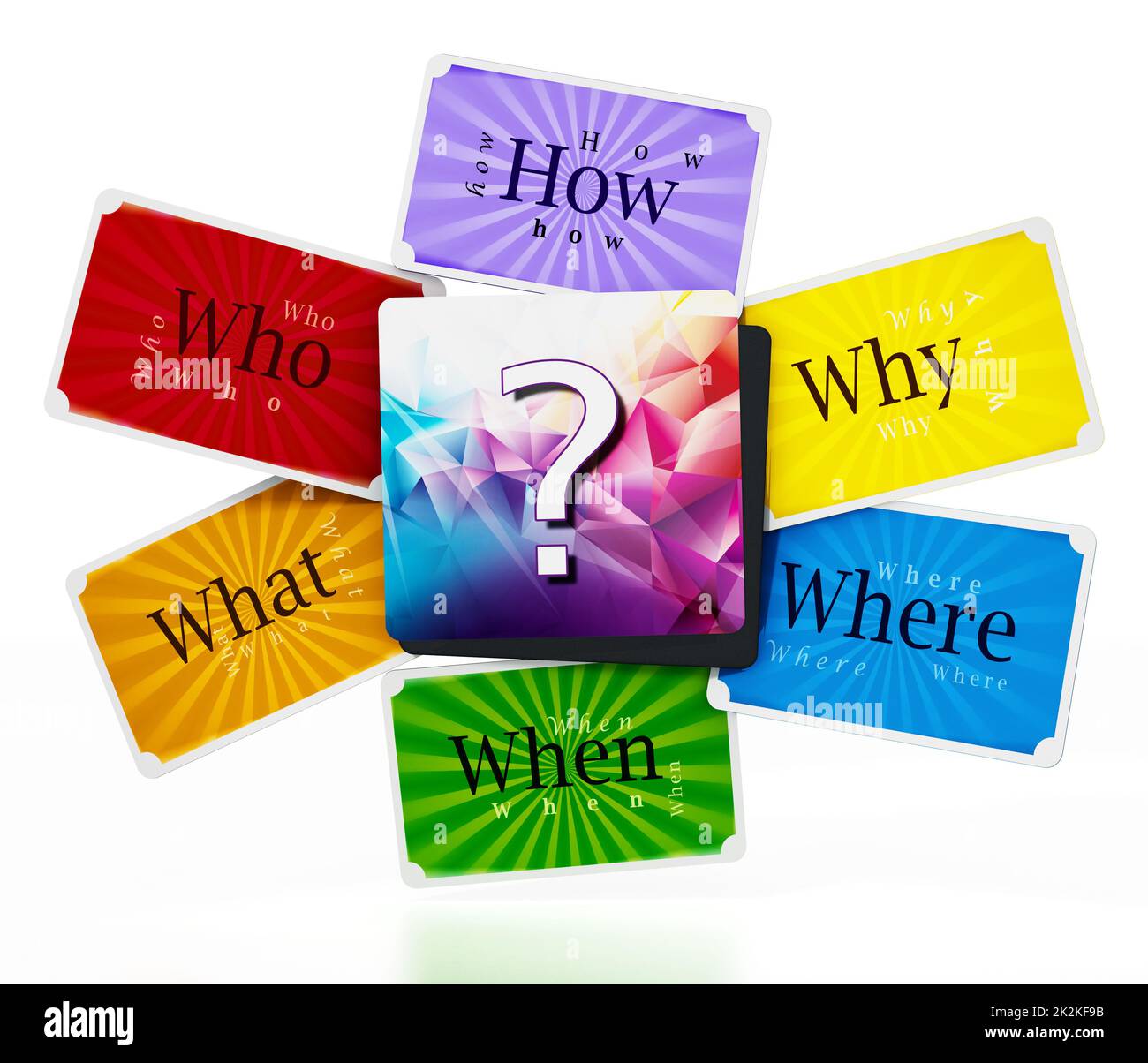 When, where, who, what, how question cards. 3D illustration Stock Photo ...