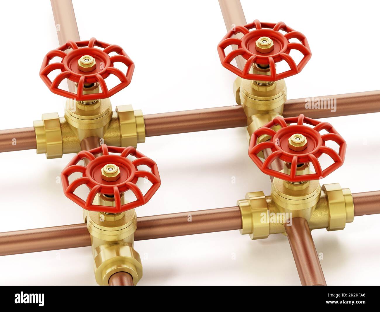 Brass water valves and pipes isolated on white background. 3D ...