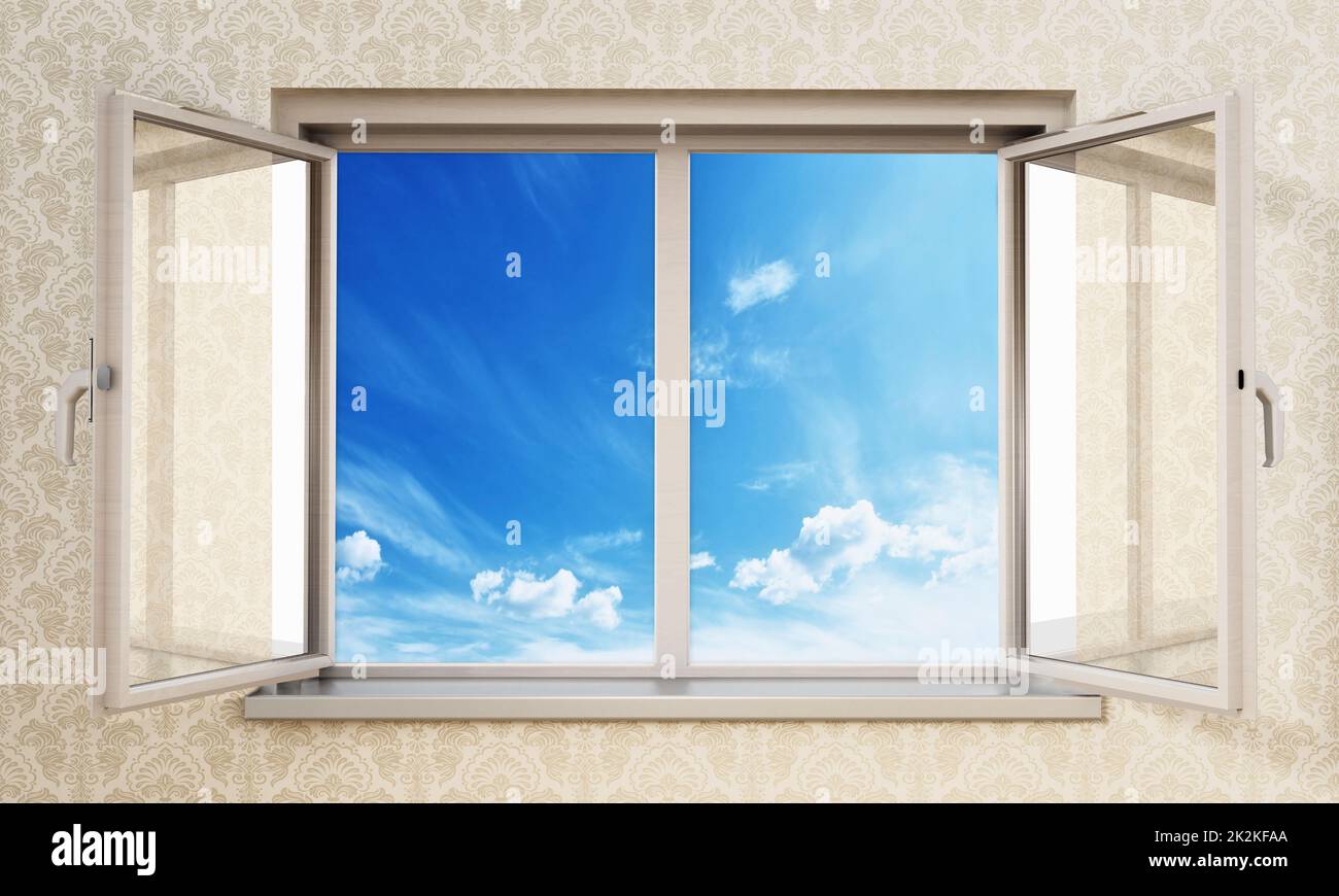 Half open windows inside an empty room opening to blue sky. 3D ...
