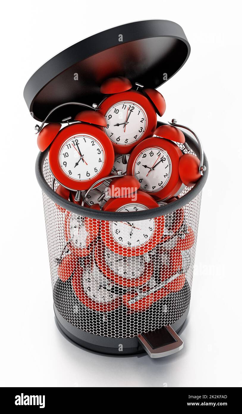 Red alarm clocks inside garbage bin isolated on white. 3D illustration ...