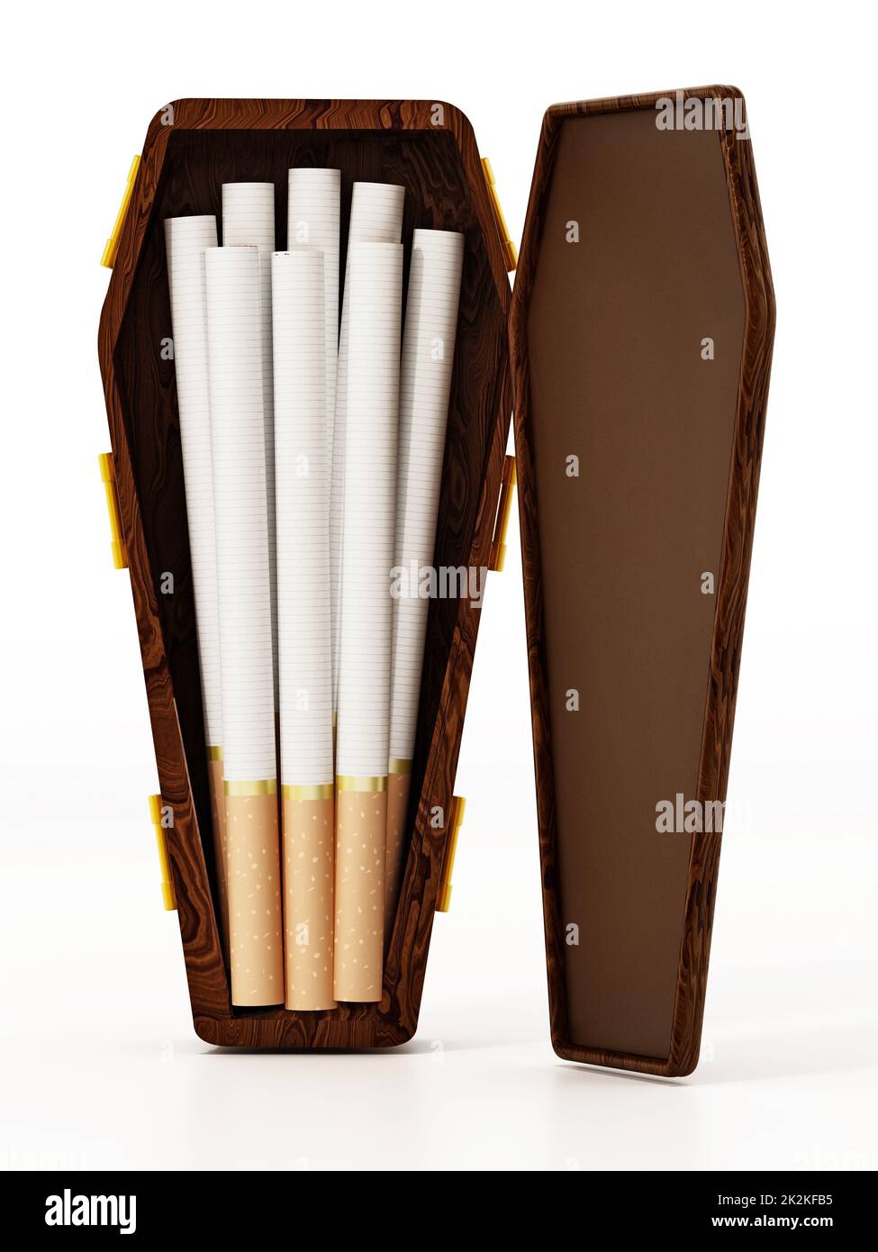 Cigarettes inside half open coffin isolated on white background. 3D ...