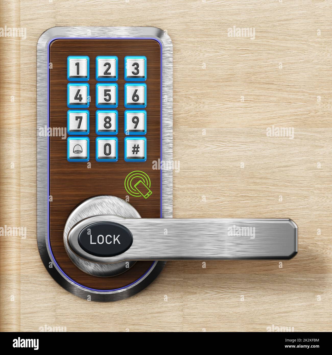 Digital security keypad and knob on door. 3D illustration Stock Photo ...