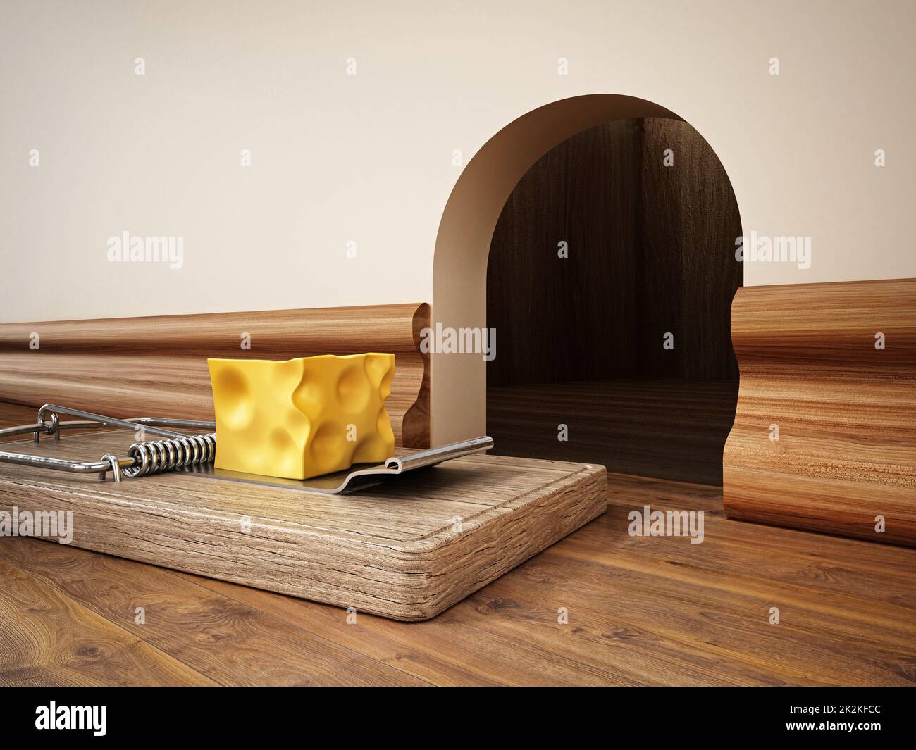 Mouse trap with a piece of cheese standing in front of the mouse hole ...