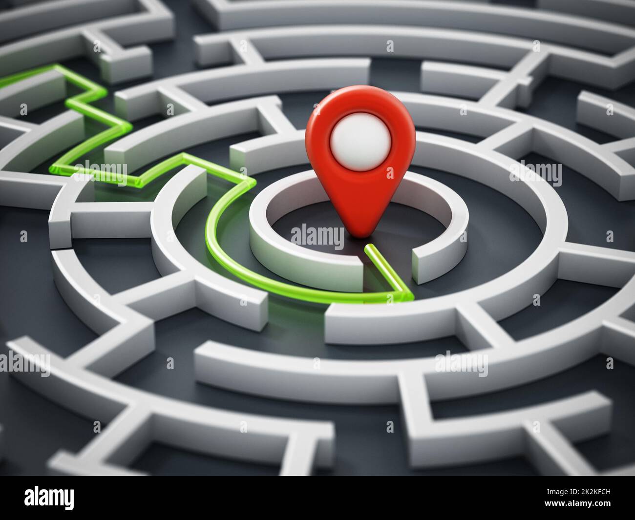 Red navigation marker at the center of round maze. 3D illustration ...