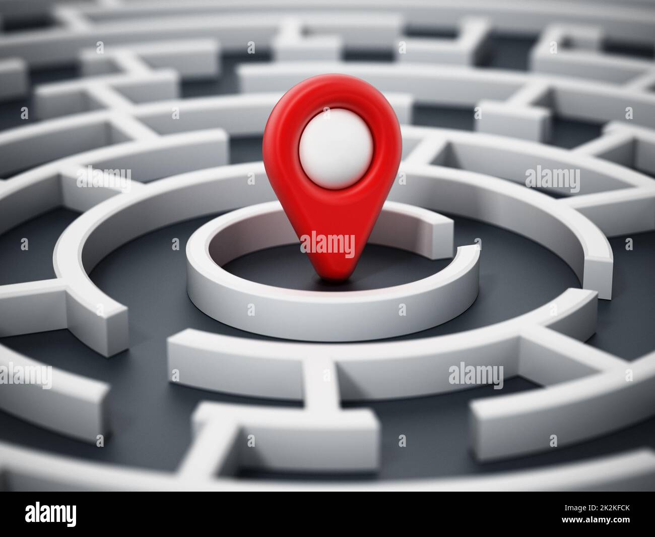 Red navigation marker at the center of round maze. 3D illustration ...