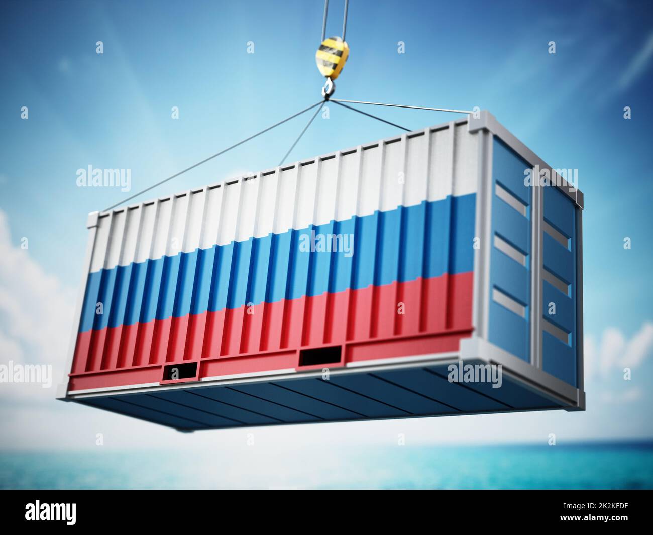 Cargo container with flag of Russia against blue sky. 3D illustration ...