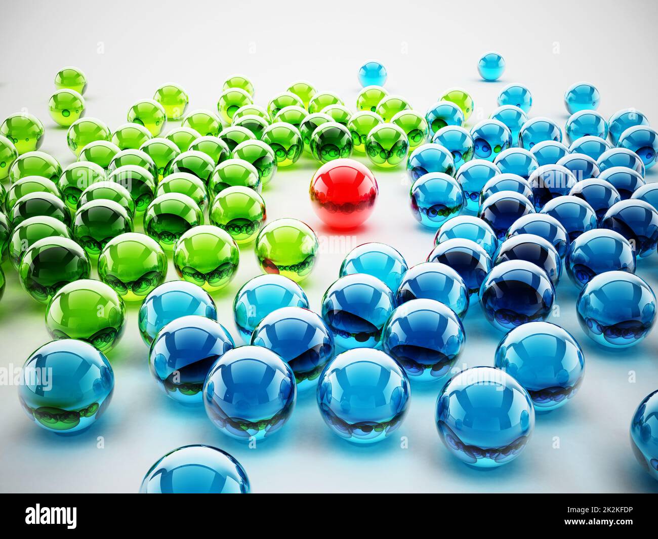 Red shiny sphere standing out among green and blue spheres. 3D ...