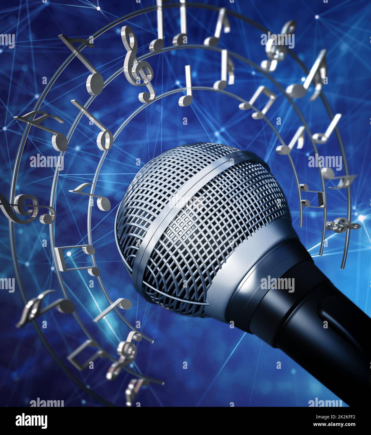 Musical notes and symbols around the microphone. 3D illustration Stock ...