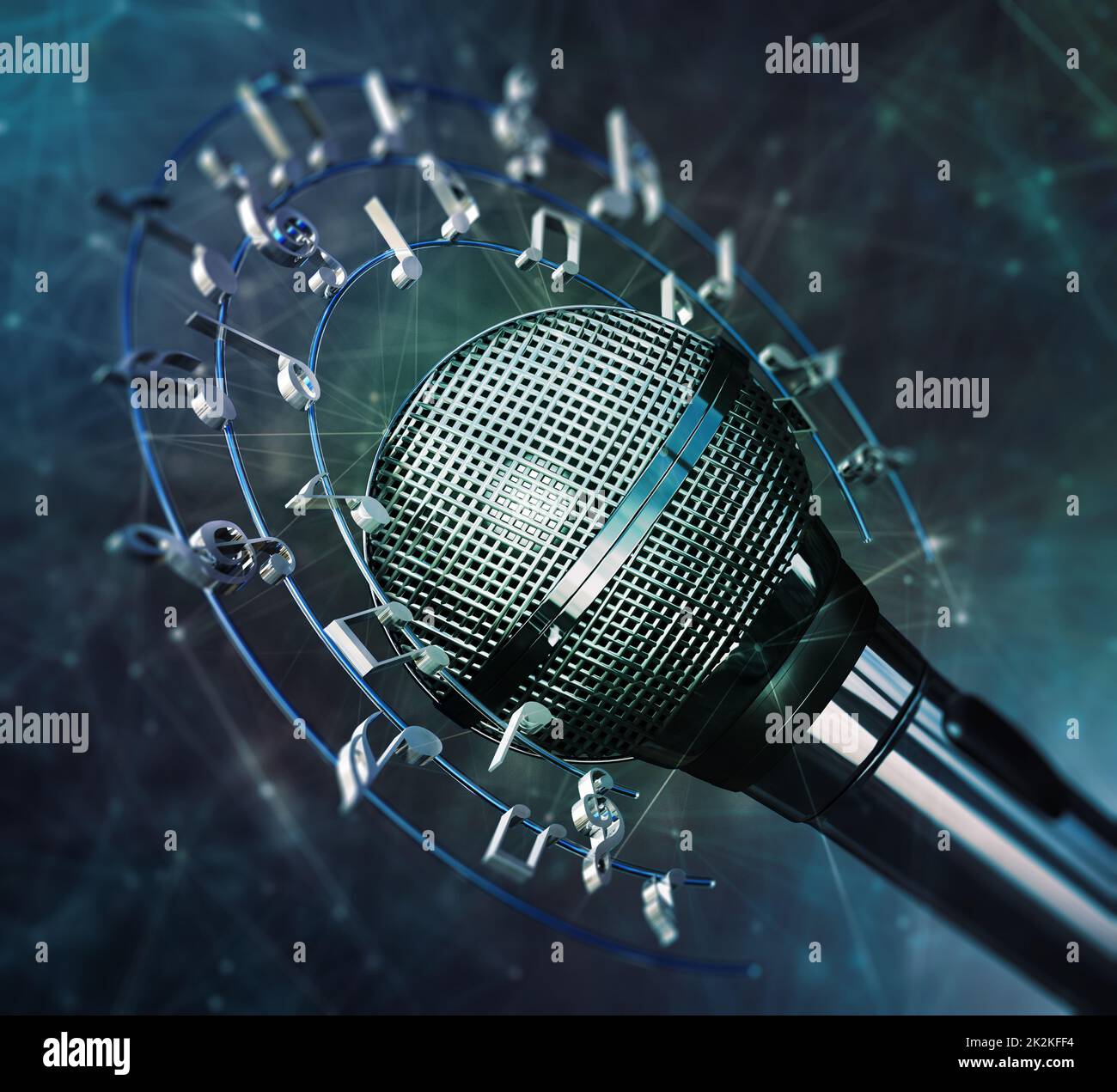 Musical notes and symbols around the microphone. 3D illustration Stock ...