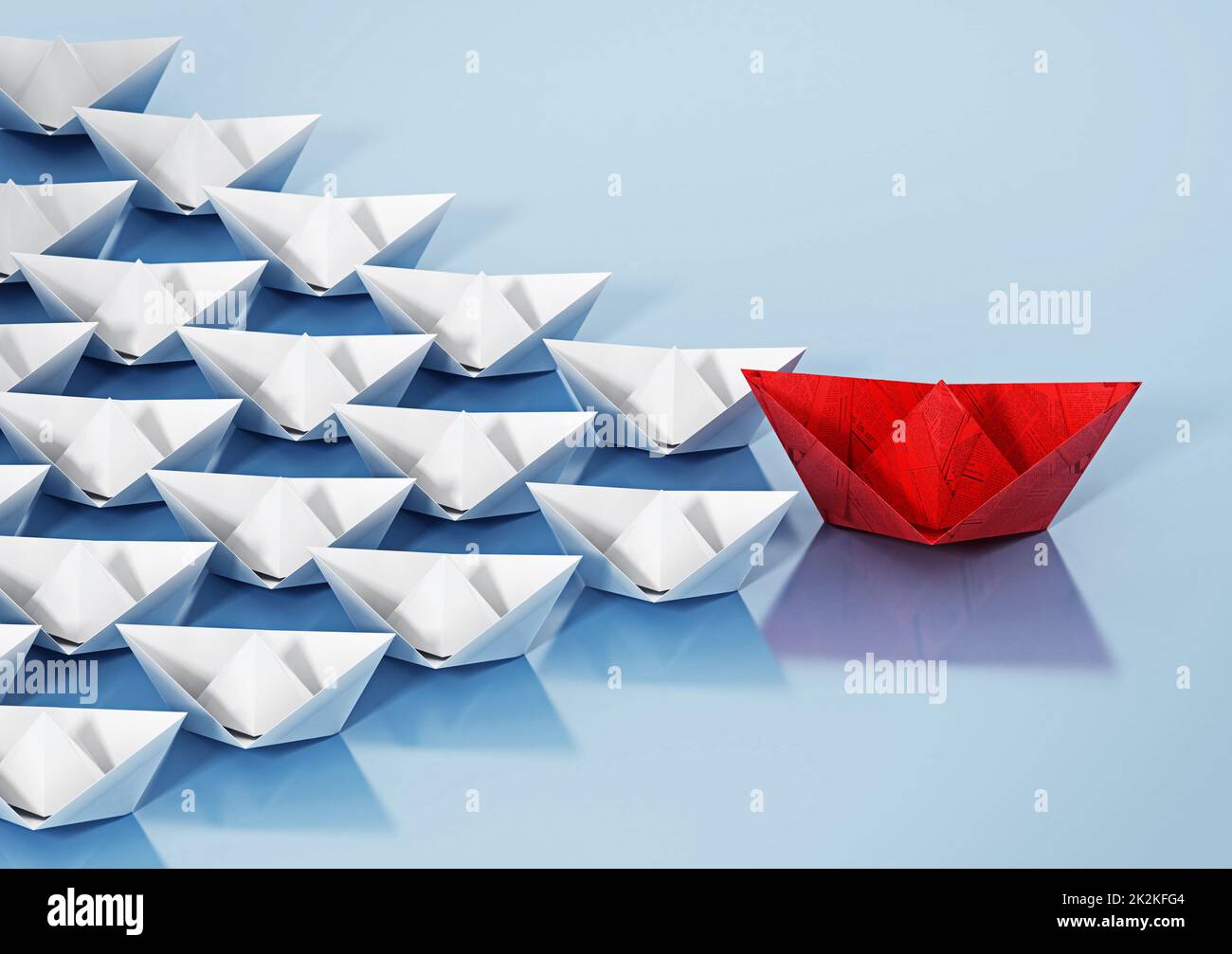 Red paper ship leading white regular paper ships. 3D illustration Stock ...