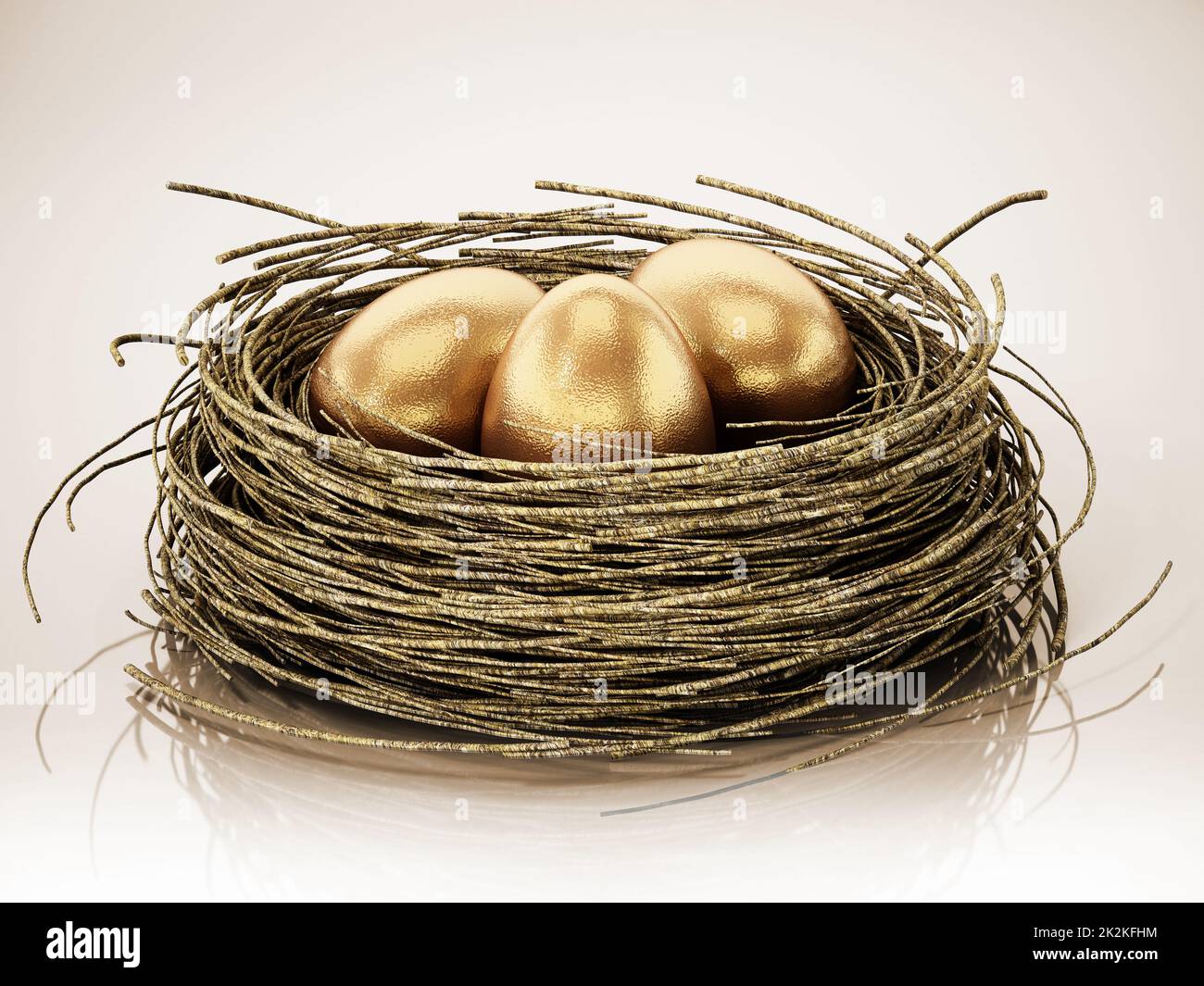 Gold eggs inside bird nest. 3D illustration Stock Photo - Alamy