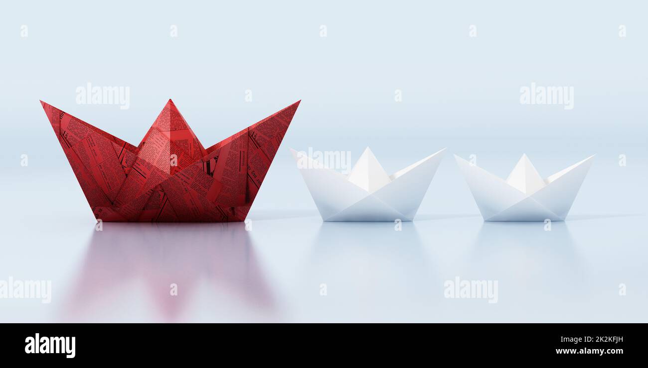 Red paper ship leading white regular paper ships. 3D illustration Stock ...