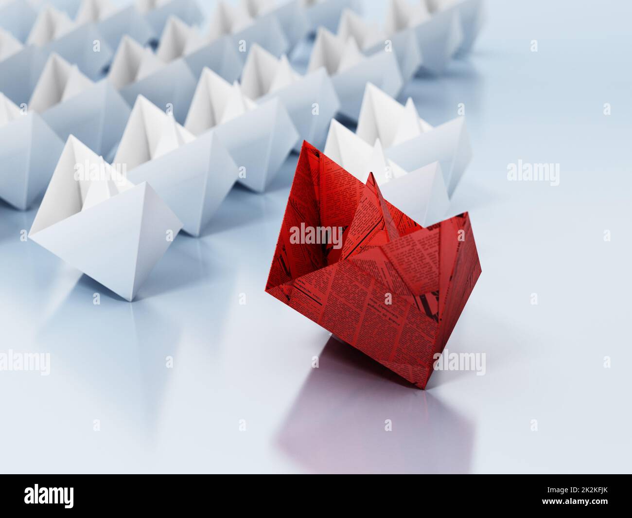 Red paper ship leading white regular paper ships. 3D illustration Stock ...